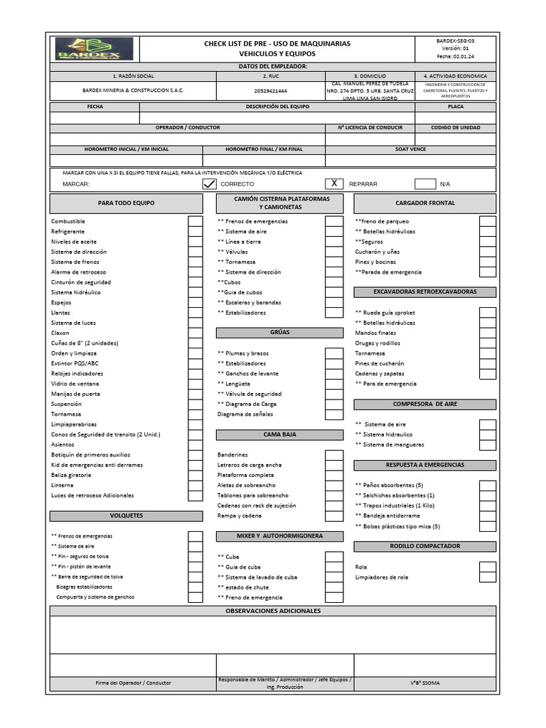 Check List de Pre Uso de Maquinarias y Equipos V.01 | Descargar gratis ...