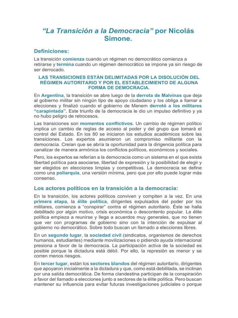 "La Transición A La Democracia" Por Nicolás Simone. | PDF | Democracia ...