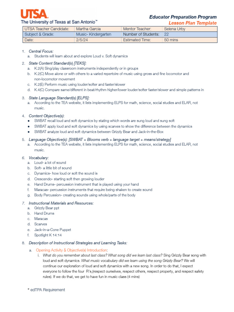 Kindergarten Music Lesson Plan: Dynamics | PDF | Learning | Cognition