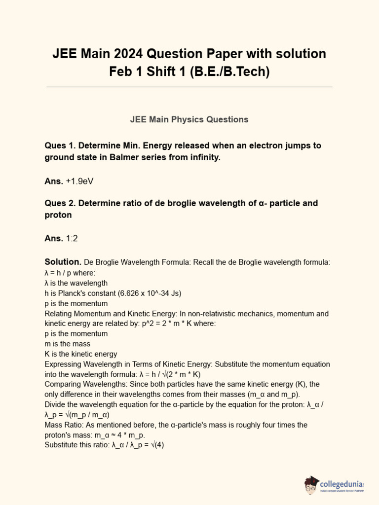 JEE Main 2024 Solution Paper Feb 1 Shift 1 | PDF | Momentum | Cyanide