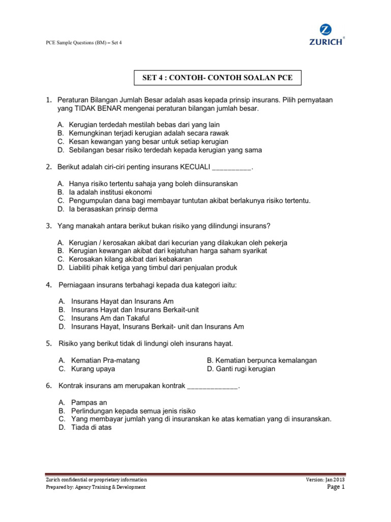 Set 4 - Contoh - Contoh Soalan Pce - Zurich | PDF