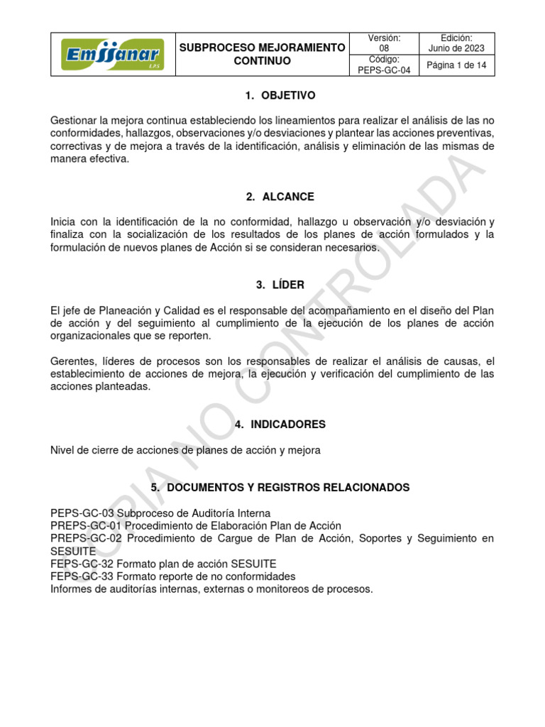 PEPS-GC-04 Mejoramiento Continuo COPIA NO CONTROLADA | PDF | Auditoría ...
