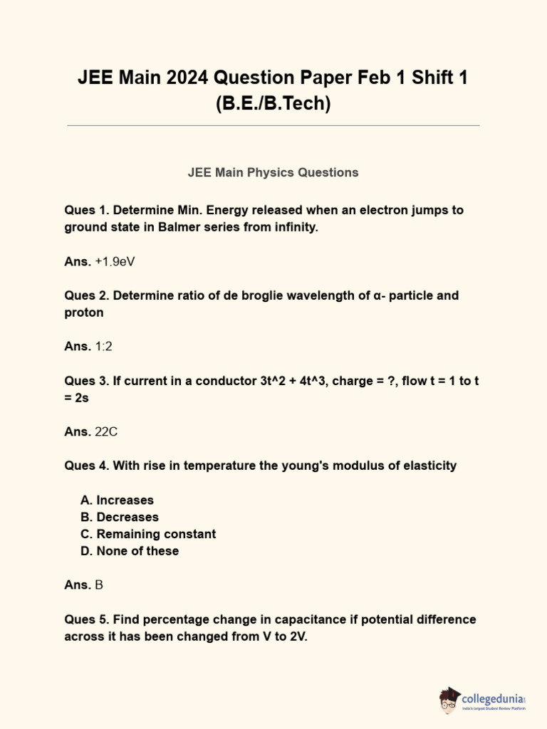 JEE Main 2024 Shift 1 Question Paper | PDF | Electron | Proton