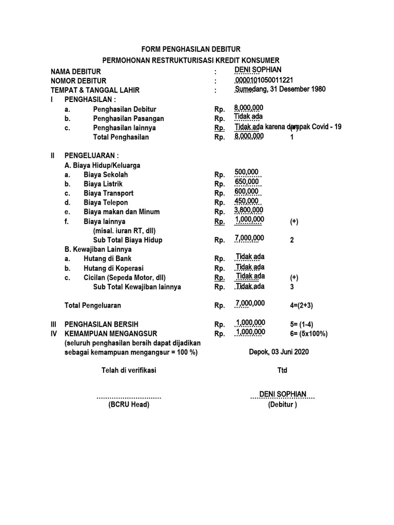 Form Penghasilan Debitur | PDF