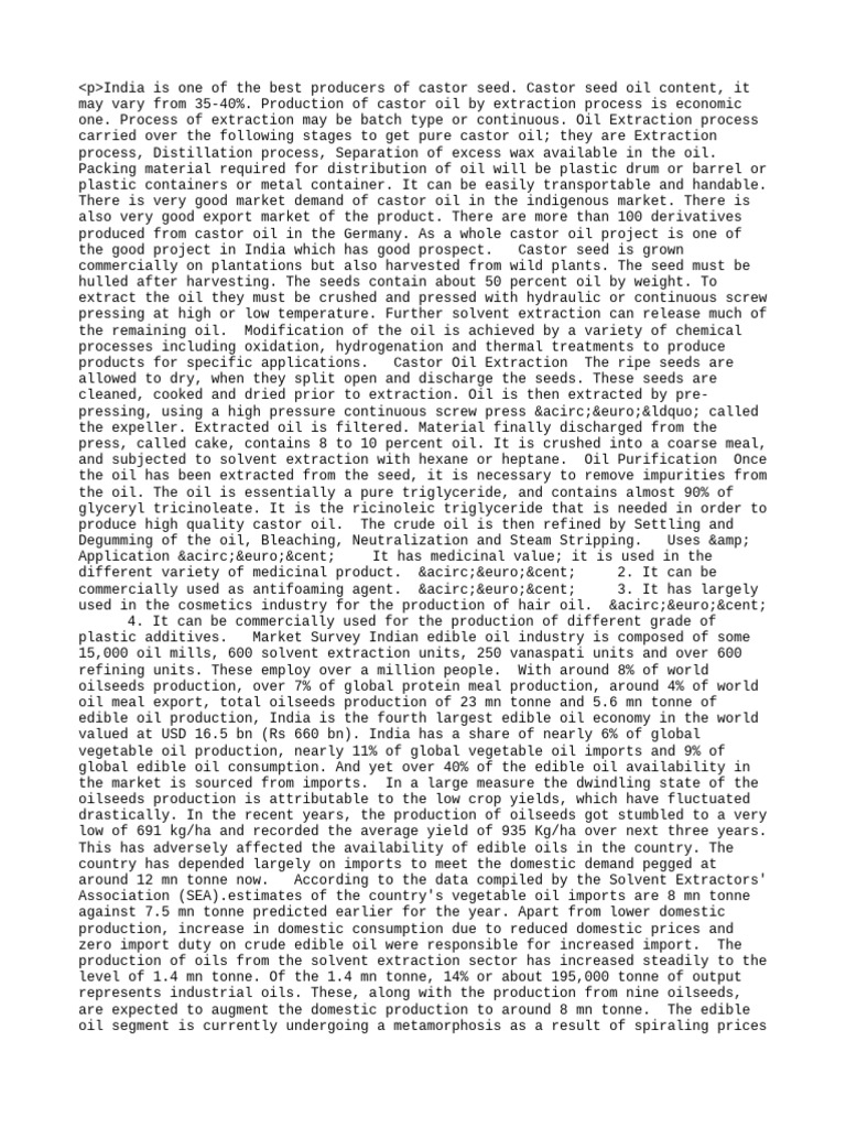 Castor Oil - Extraction and Refining | PDF | Vegetable Oil | Oil