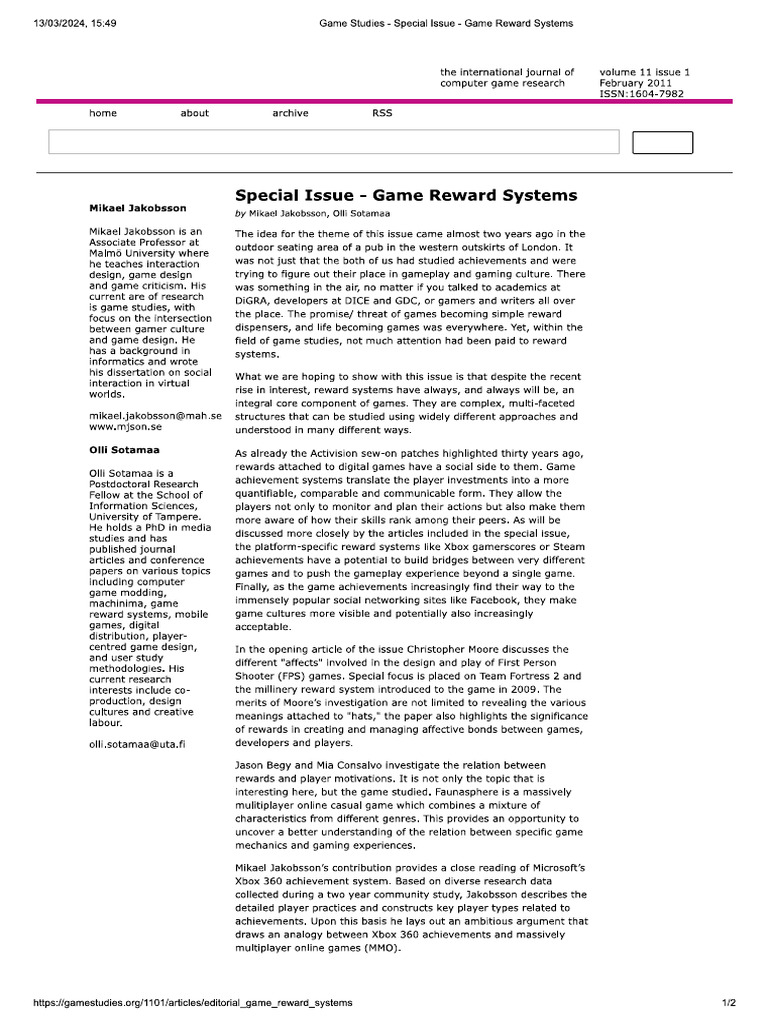 Game Reward Systems | PDF
