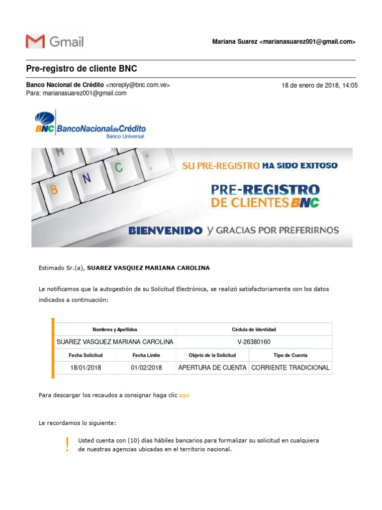 Gmail - Pre-Registro de Cliente BNC | PDF
