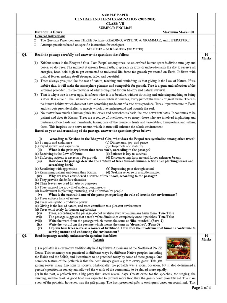 Class 7 English Sample Paper | PDF