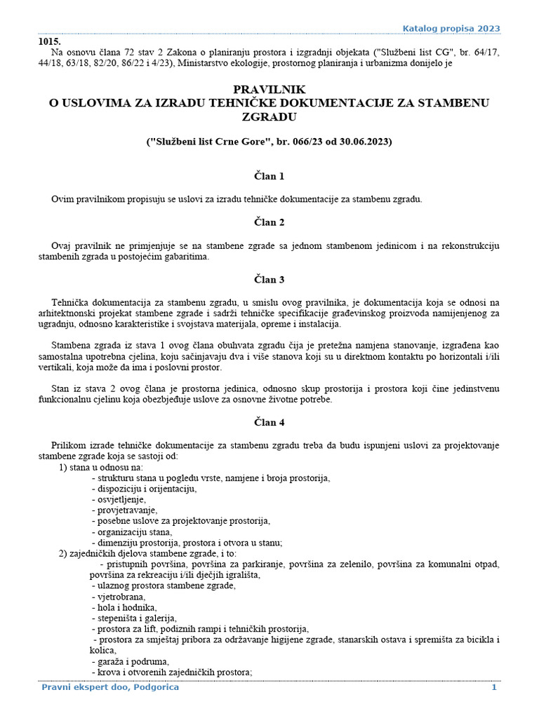 Pravilnik o Uslovima Za Izradu Tehnicke Dokumentacije Za Stambenu Zgradu Sluzbeni List Crne Gore ...