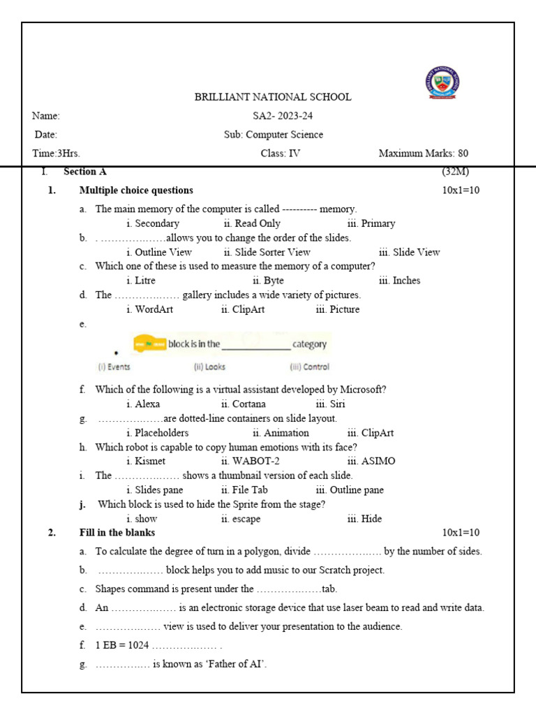 Section A 1. Multiple Choice Questions | Download Free PDF | Computer ...
