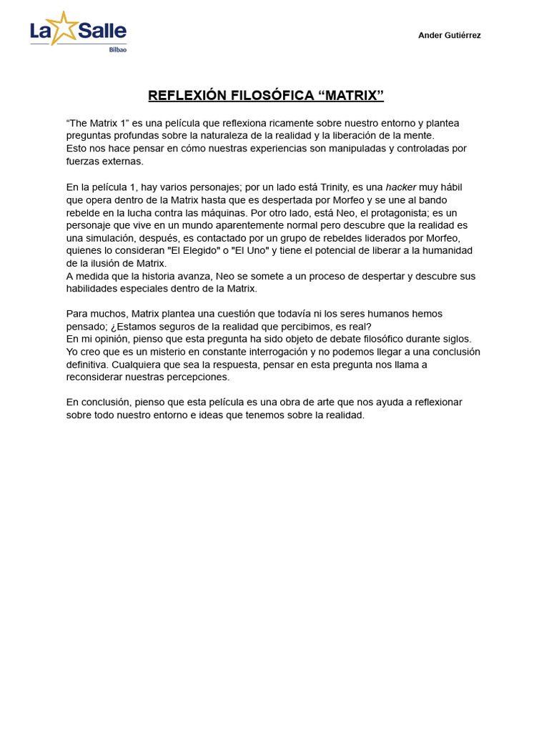 REFLEXIÓN FILOSÓFICA - Matrix | PDF
