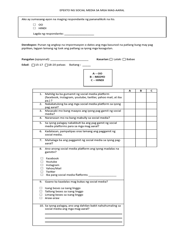 Survey (Serbey) Sample EPEKTO NG SOCIAL MEDIA SA MGA MAG-AARAL | PDF