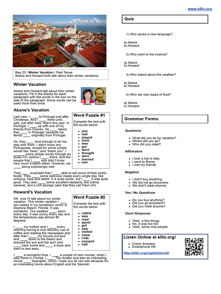 Elllo Beg 25 - Akane Howard - Winter Vacation - Past Tense | PDF
