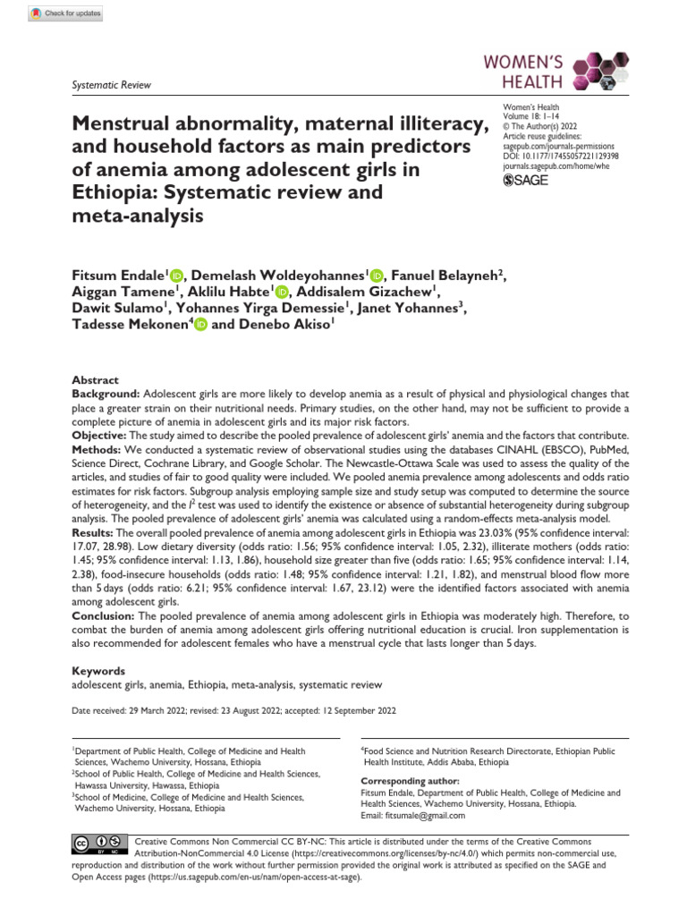 Endale Et Al 2022 Menstrual Abnormality Maternal Illiteracy and Household Factors As Main ...