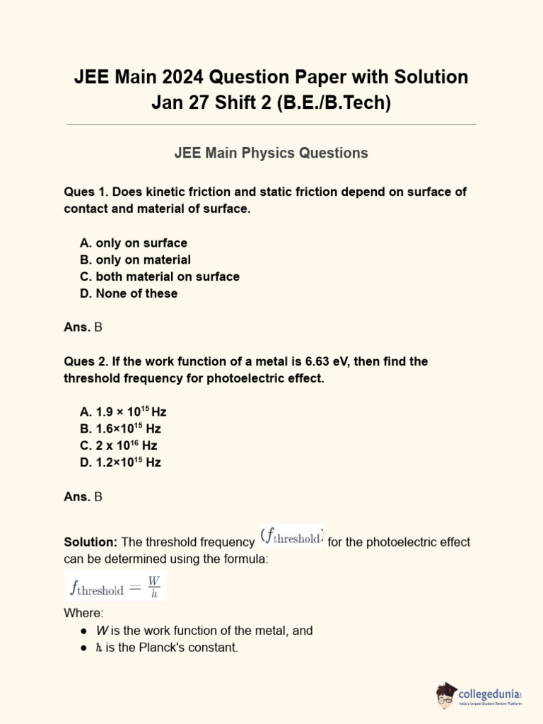 JEE Main 2024 Question Paper With Solution Jan 27 Shift 2 | PDF | Molar ...