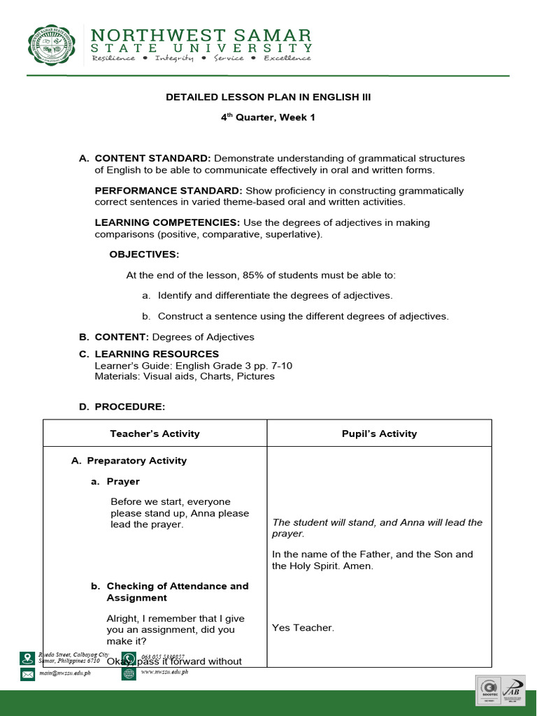 Lesson Plan English | PDF | Lesson Plan | Adjective