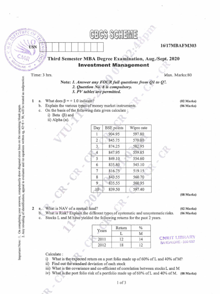 VTU Question Paper of 16MBAFM303 17MBAFM303 Investment Management Aug ...