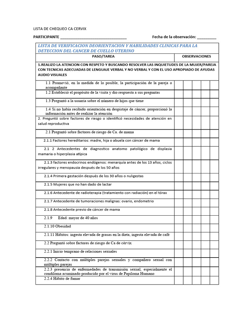Lista de Chequeo Ca Cervix | PDF | Cáncer | Cáncer de mama