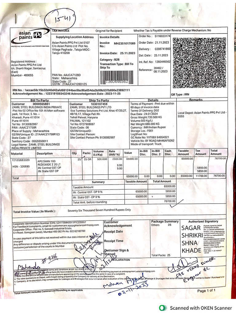 ASIAN Primer Invoice and LR Copy | PDF