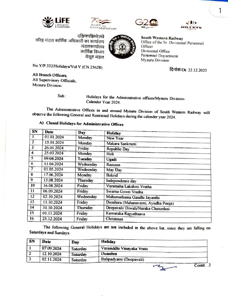 SWR Holiday Calendar 2024 | PDF
