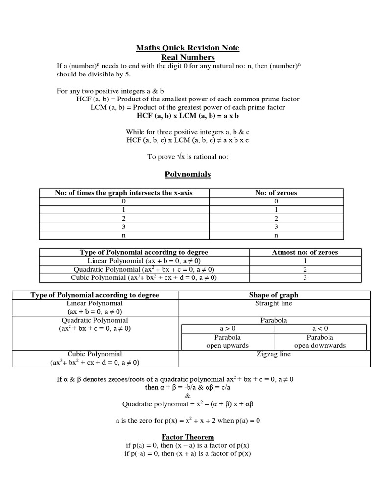 Maths Quick Revision Note | PDF | Quadratic Equation | Factorization