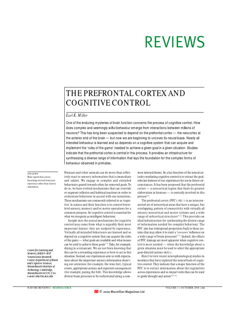The prefrontal cortex_Miller, E.K. | PDF | Prefrontal Cortex | Executive Functions