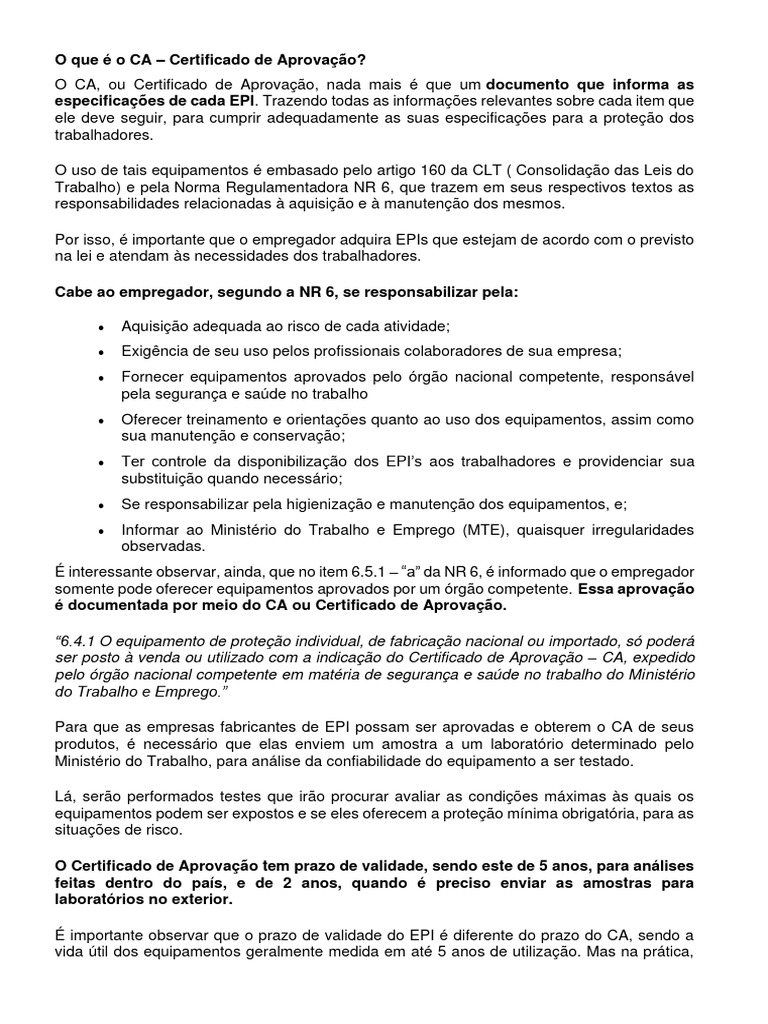 O Que É o CA | PDF | Equipamentos de proteção individual | Emprego