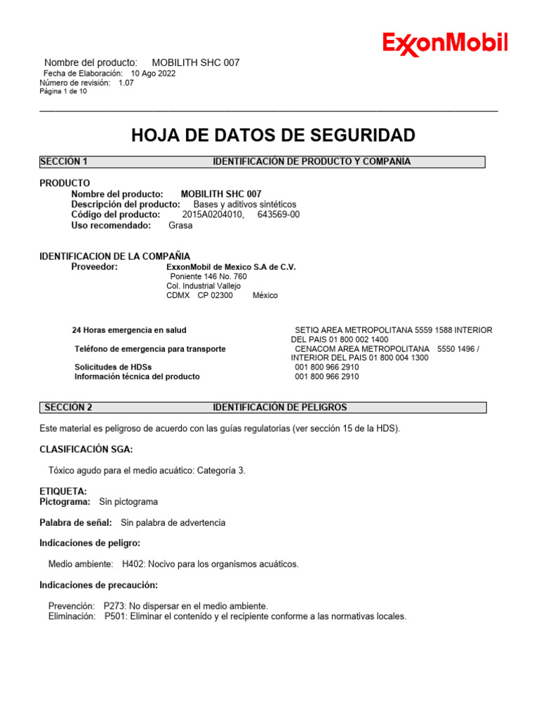 Hoja de Seguridad: MOBILITH SHC 007 | PDF | Higiene | Agua