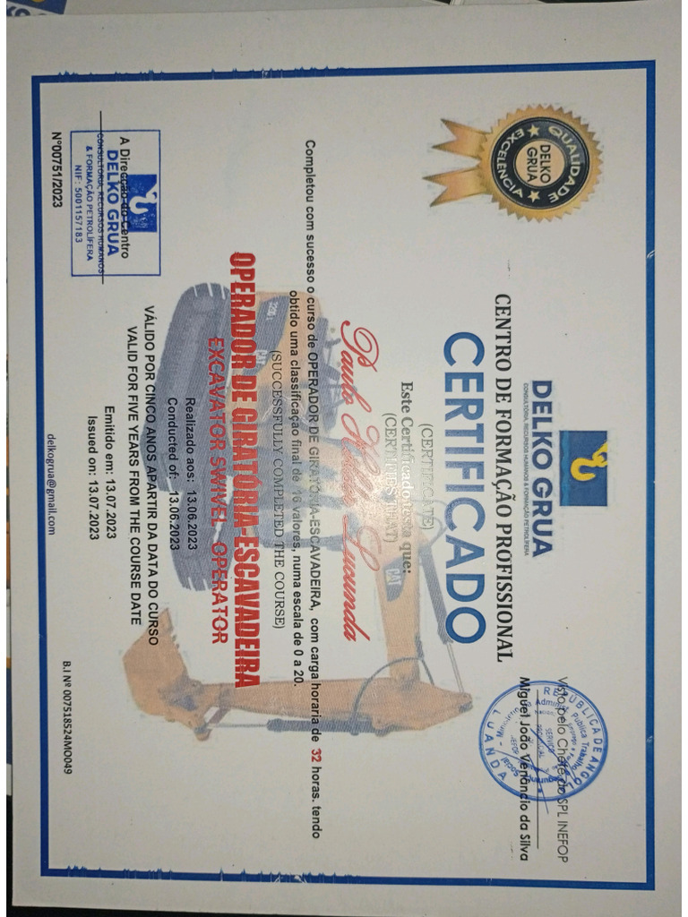 Excavator Certificate | PDF