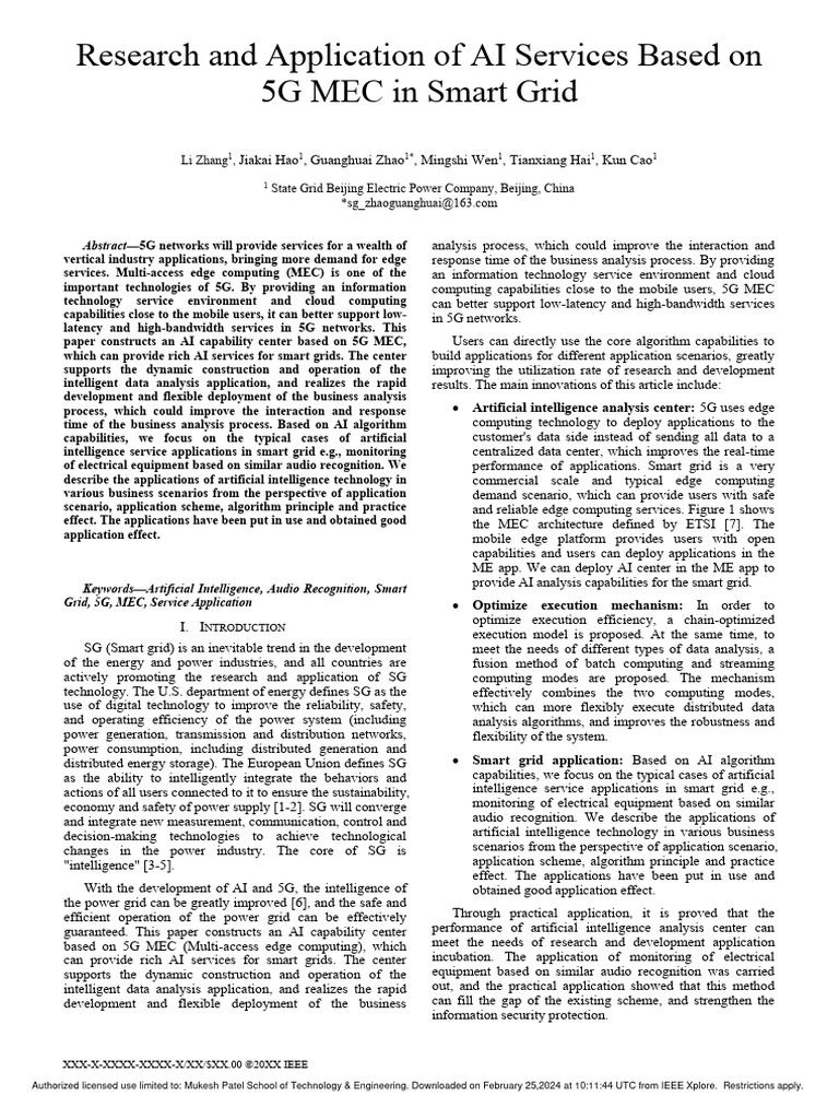 Research and Application of AI Services Based On 5G MEC in Smart Grid | PDF | Smart Grid ...