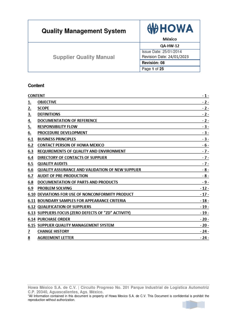 HOWA QA-HW-12 Supplier Quality Manual Rev.8 (English) - Signed | PDF ...