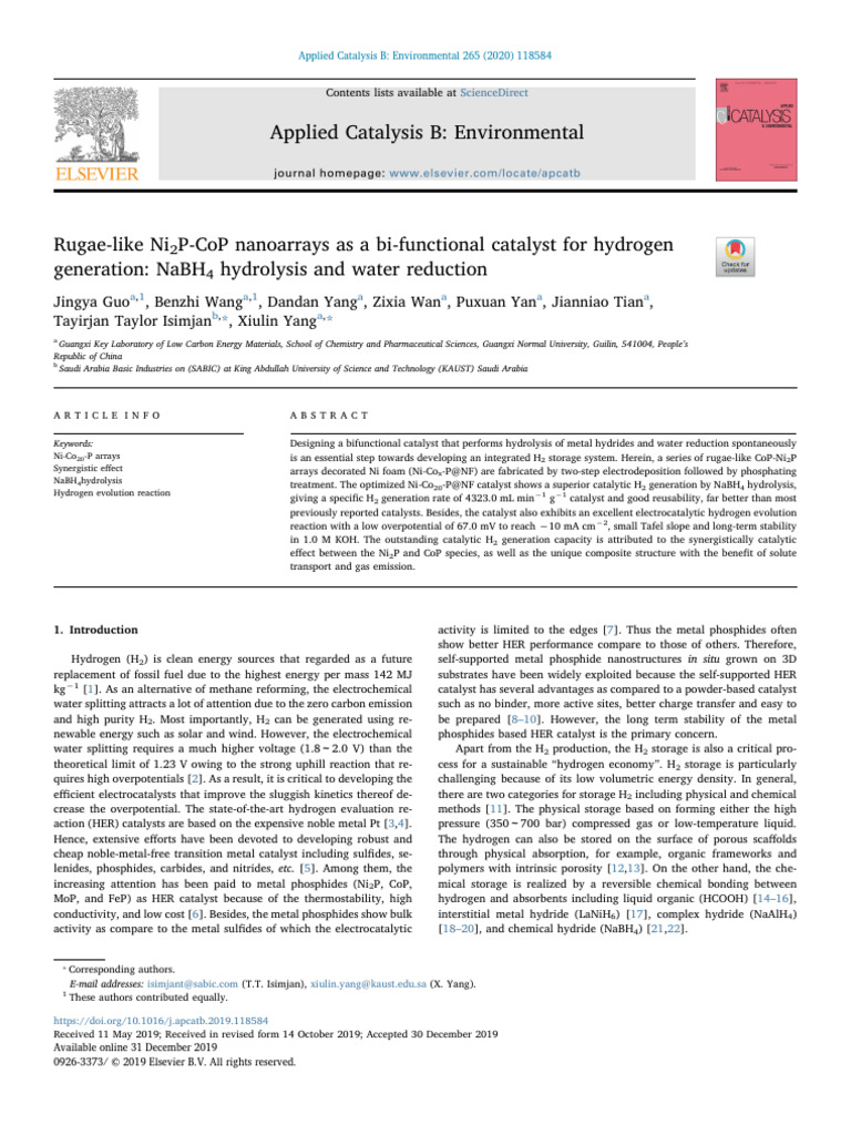 Rugae-Like Ni2P-CoP Nanoarrays As A Bi-Functional Catalyst For Hydrogen Generation NaBH4 ...