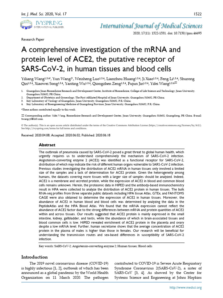2-A Comprehensive Investigation of The MRNA and Protein Level of ACE2 ...