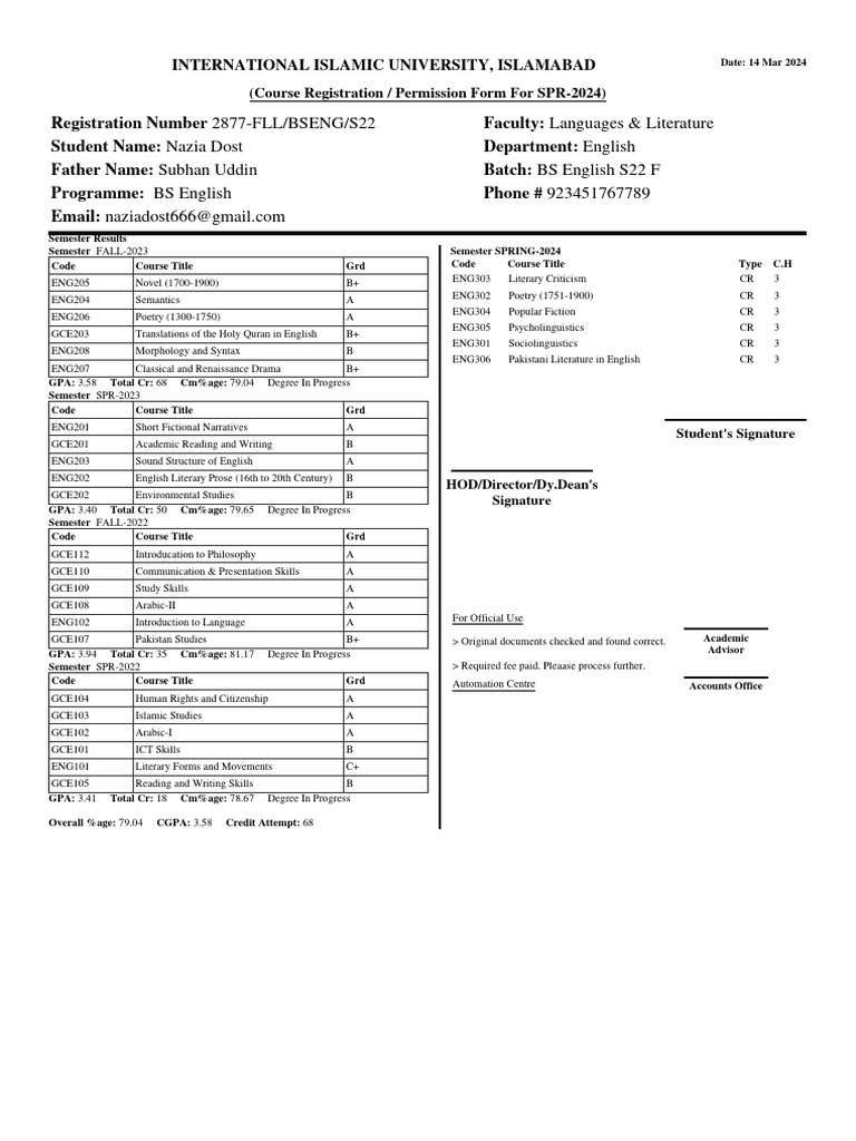 International Islamic University, Islamabad: (Course Registration / Permission Form For SPR-2024 ...