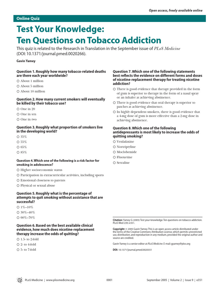 Test Your Knowledge Ten Questions On Tobacco Addic | PDF | Smoking ...