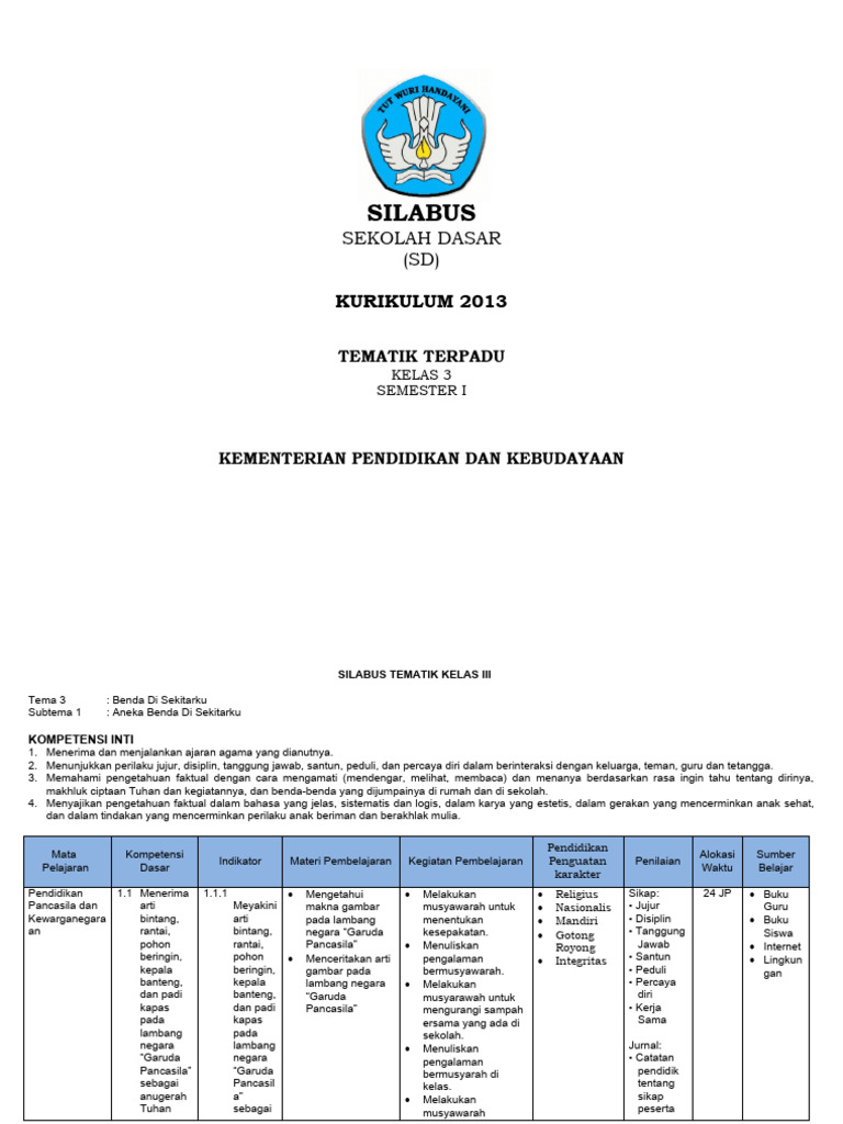 Silabus Tematik SD Kelas 3 | PDF