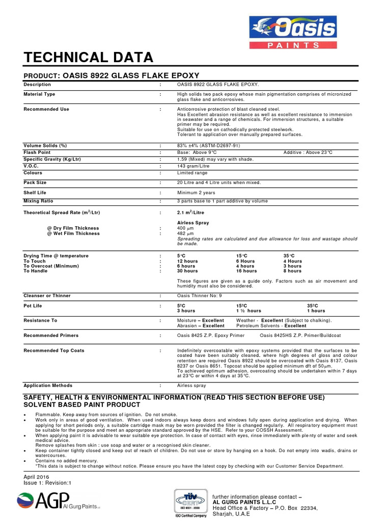 Oasis 8922 Glass Flake Epoxy Data Sheet | PDF | Epoxy | Paint