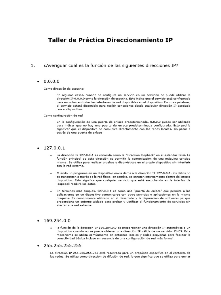 Taller de Practica Direccionamiento IP | PDF | Dirección IP | Red de computadoras