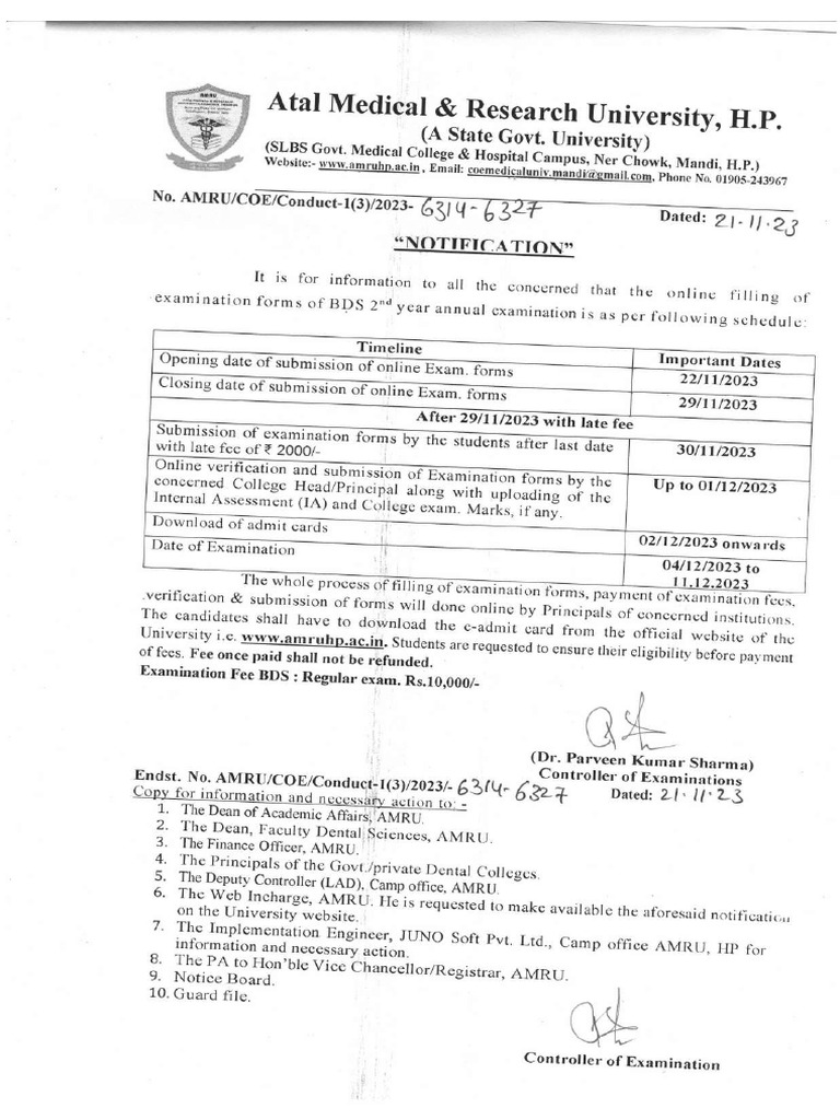 Online Examination Form Filling Schedule of BDS Dental 2nd Year Annual ...