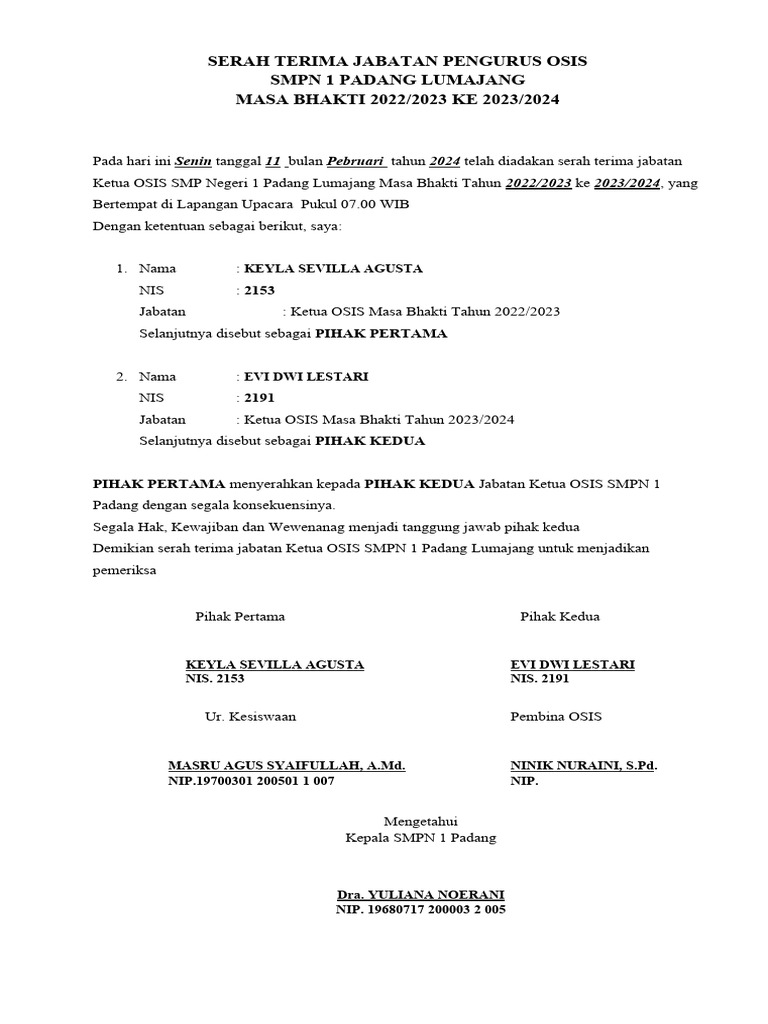 Serah Terima Jabatan Pengurus Osis 2024 | PDF