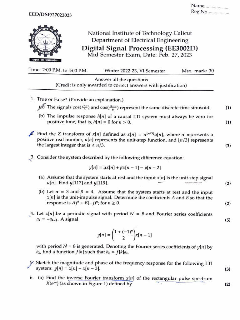 NIT Calicut DSP Exam Papers 2023 | PDF | Digital Signal Processing | Fourier Transform