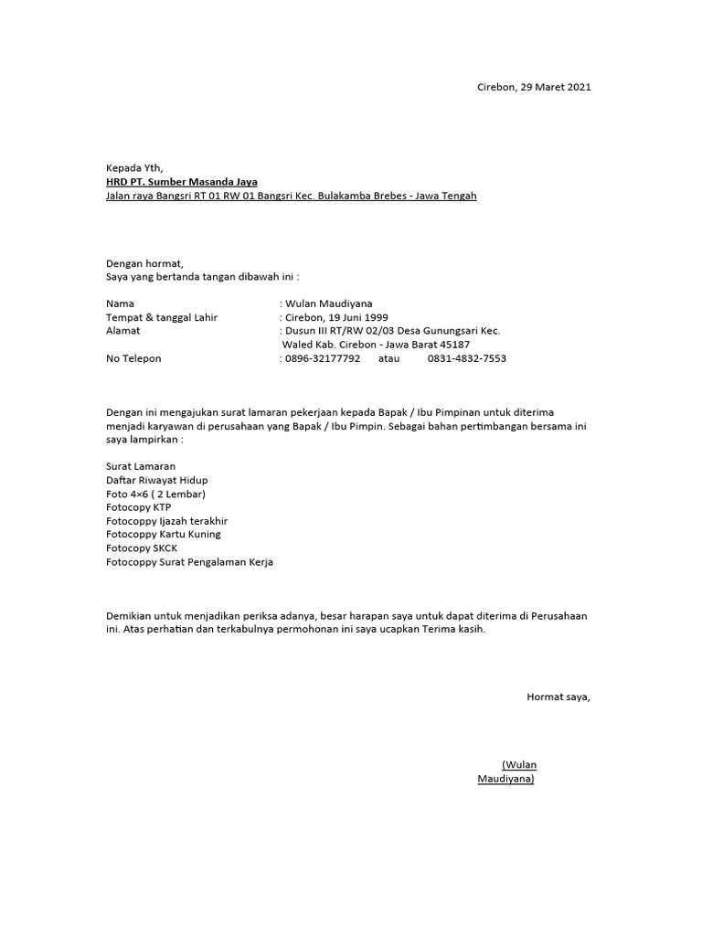 Surat Lamaran Kerja Wulan 29 Maret | PDF