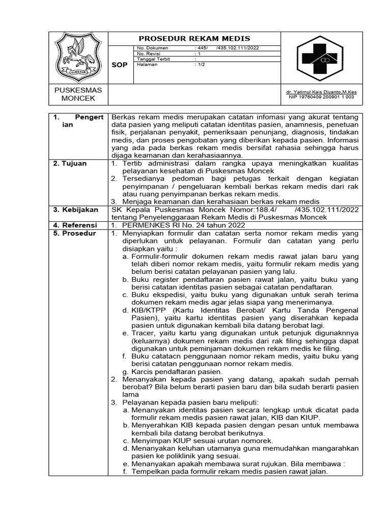 SOP Prosedur Rekam Medis | PDF