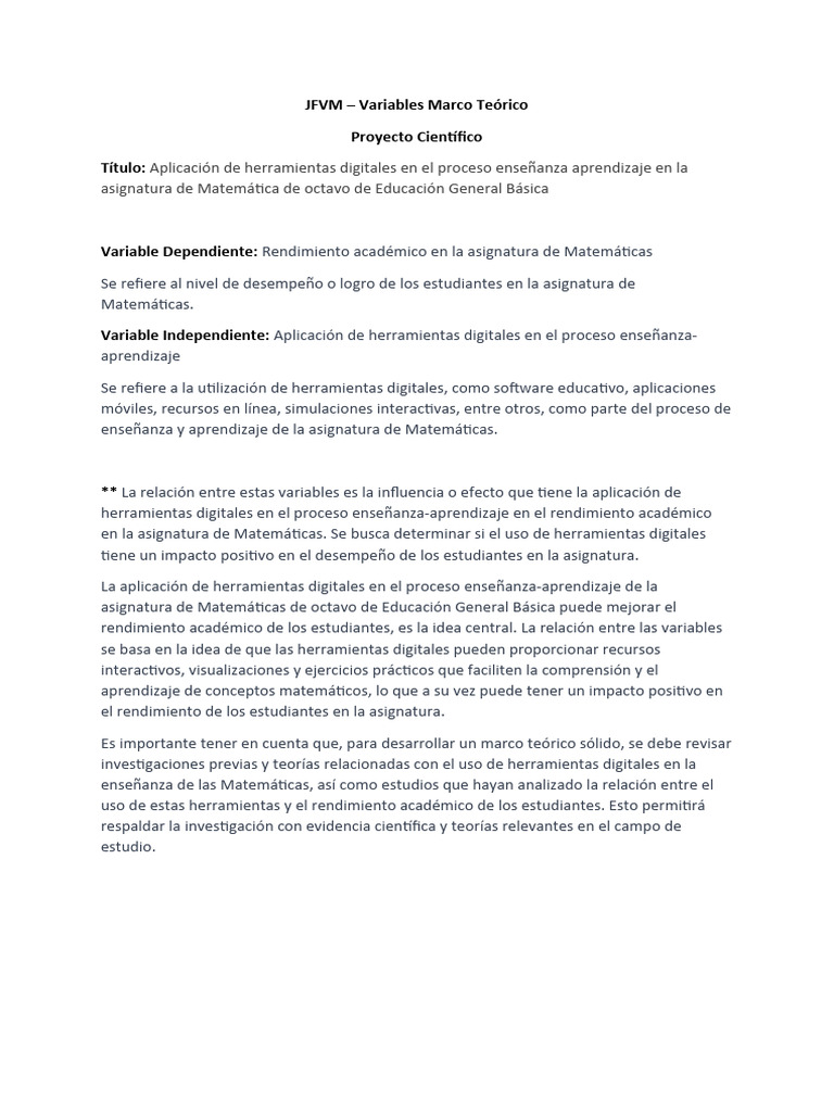 JFVM – Variables Marco Teórico | PDF | Aprendizaje | Enseñando