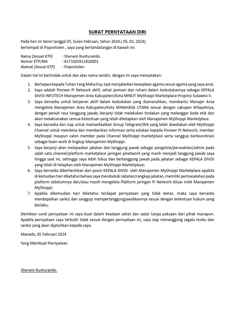 SURAT PERNYATAAN DIRI KEPALA DIVISI Pi Network | PDF | Bisnis | Ilmu Sosial