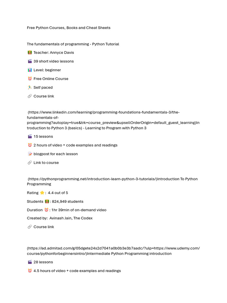 Free Python Courses, Books and Cheat Sheets | PDF | Educational ...