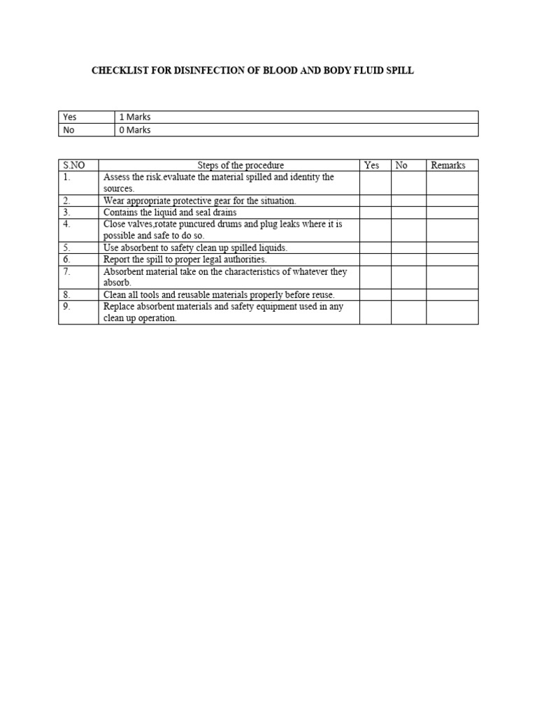 Checklist for Disinfection of Blood and Body Fluid Spill | PDF