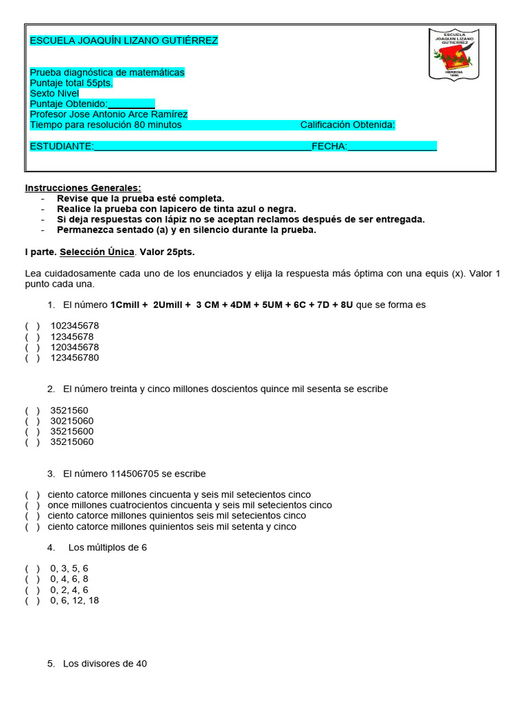 Ejemplo de Prueba Diagnóstica | Descargar gratis PDF | Aritmética ...