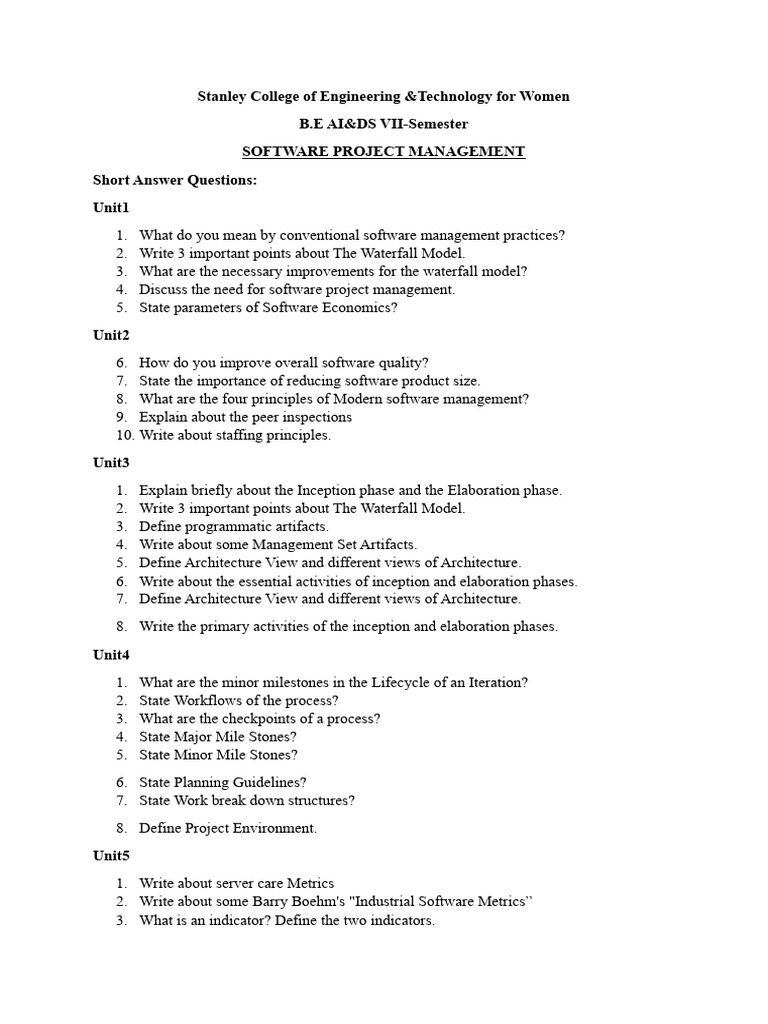 SPM Important All Units _Question Bank_AI&DS_VII SEM | PDF | Project Management | Engineering