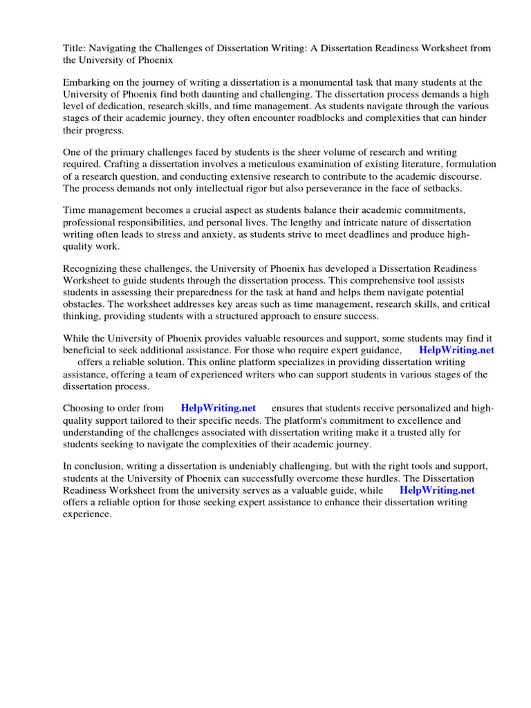 Dissertation Readiness Worksheet University of Phoenix | PDF | Thesis ...